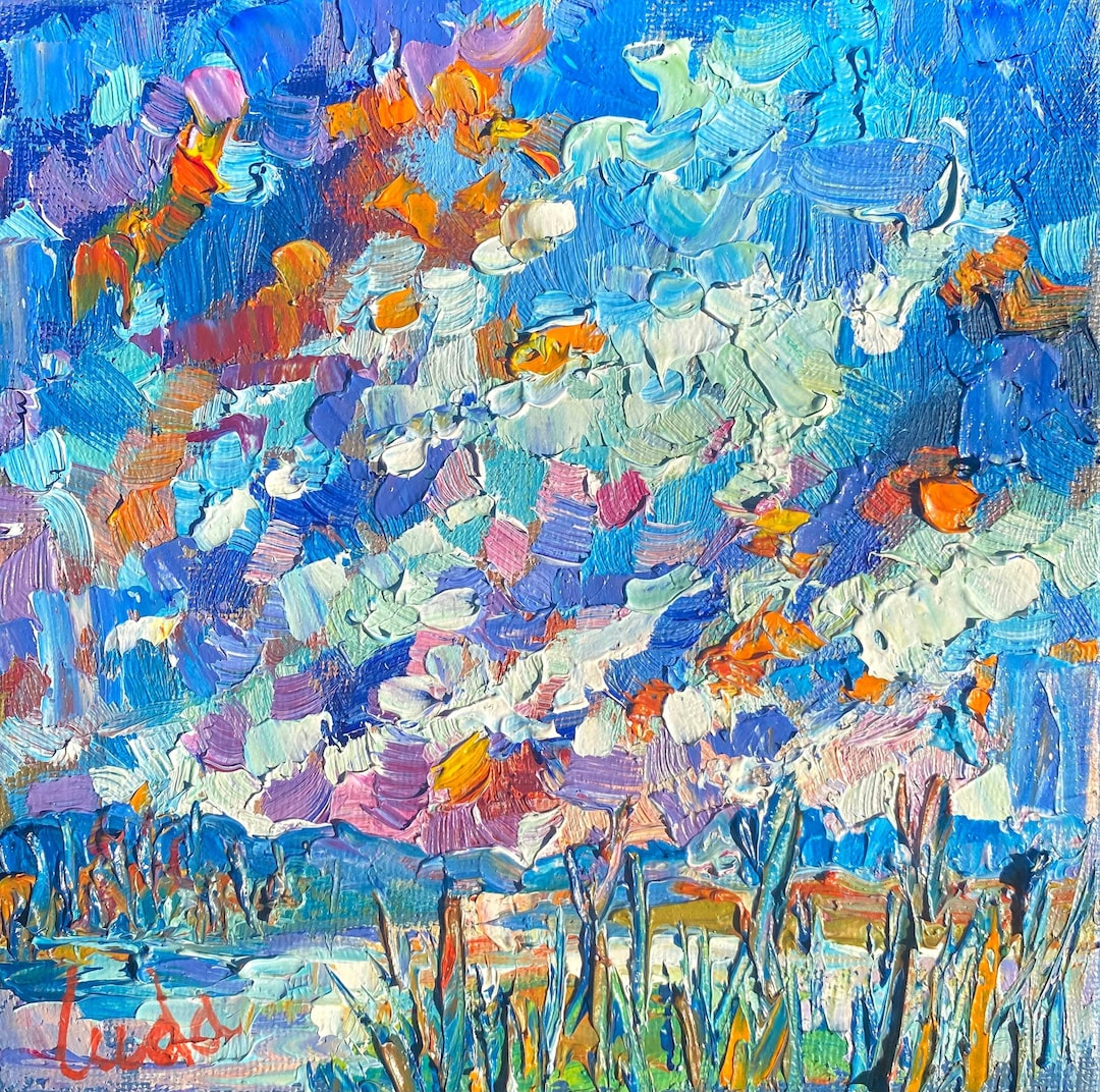 Impasto Nature Landscape Forest Lake With Mountains and a Large Sky Oil ...