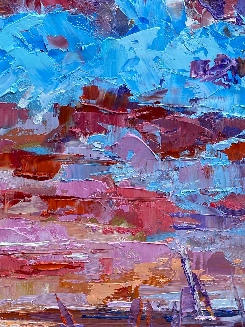 Impasto Sunset Seascape Ocean Sailboats Painting Boats on Water ...