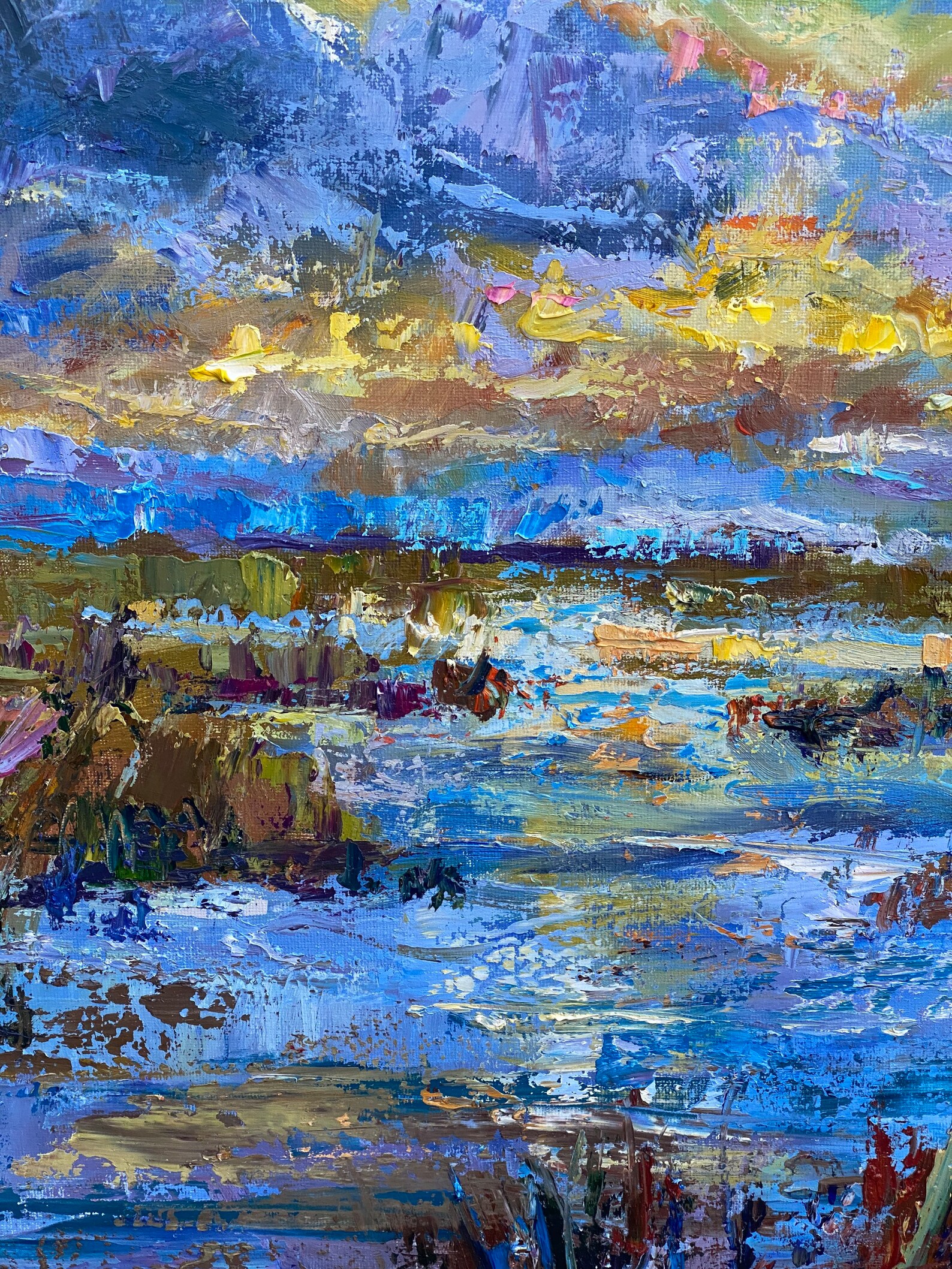 Impasto Nature Open Field Swamp Landscape With a River Oil Painting on ...
