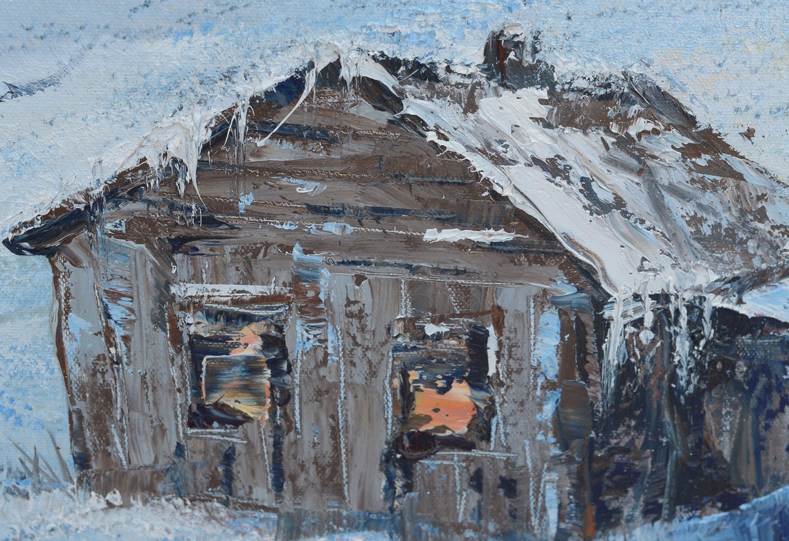 Snow Winter Landscape With a Cabin in the Woods Oil Painting on Canvas ...