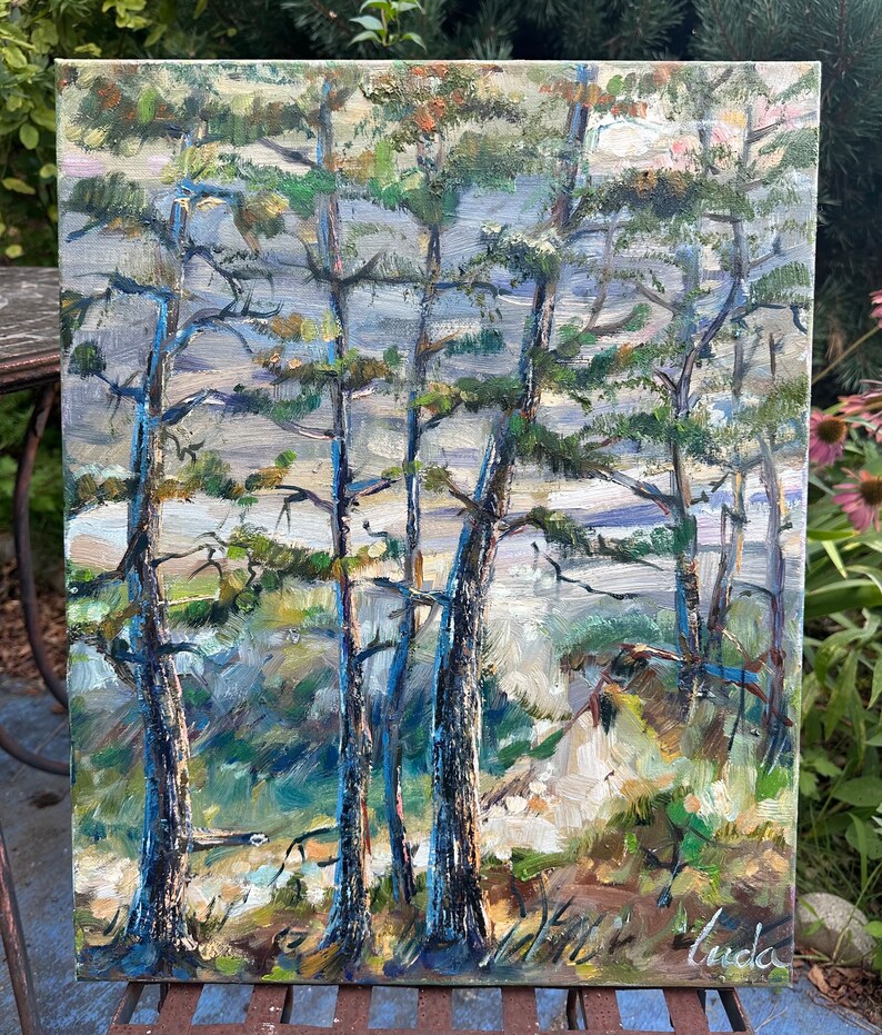 Original Oil Painting Forest Woods Landscape of Trees and a Path in ...