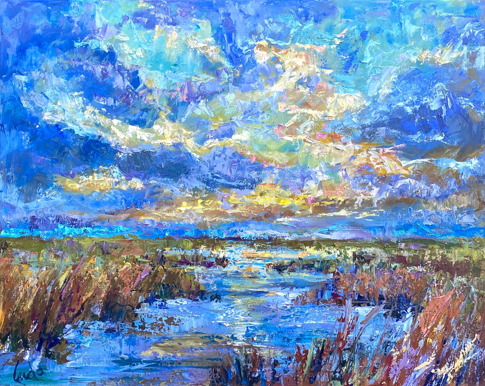 Impasto Nature Open Field Swamp Landscape With a River Oil Painting on ...