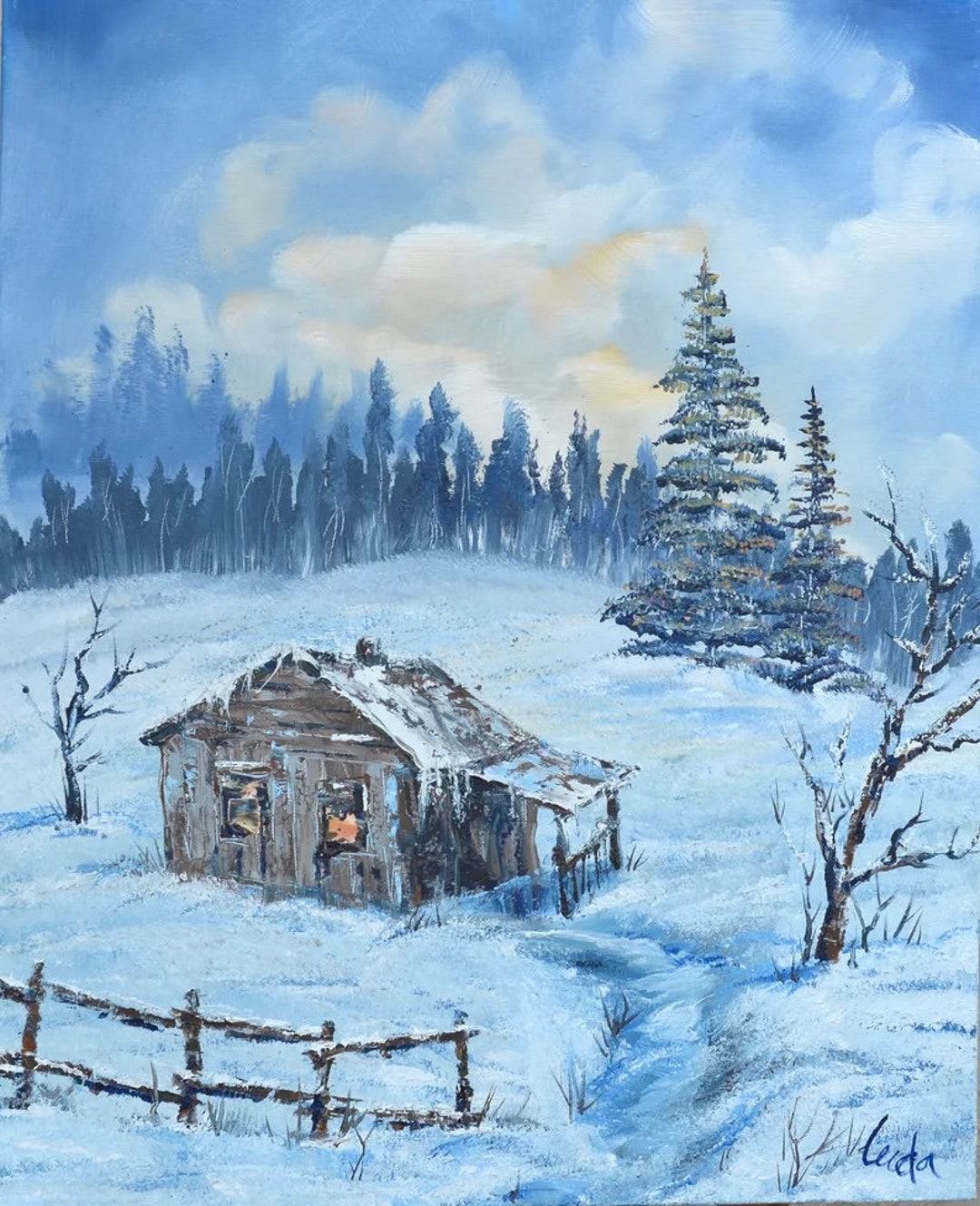 Snow Winter Landscape With a Cabin in the Woods Oil Painting on Canvas ...