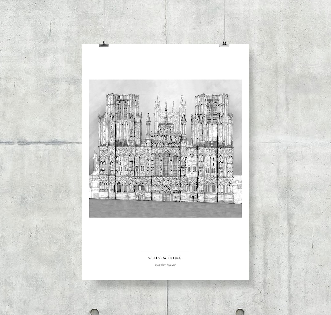 Wells Cathedral Drawing| High Quality Print | Wells Somerset Monochrome ...