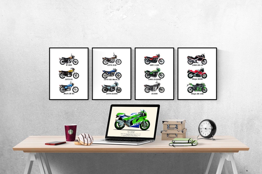 Kawasaki Motor Bike Compilation Set of 4 Prints I Kawasaki I Superbike ...