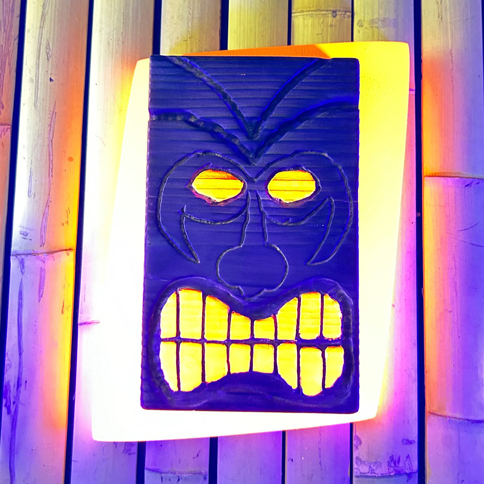 Hand Carved Wooden Tiki Carving Sign, Blacklight Glow Decor, Island ...