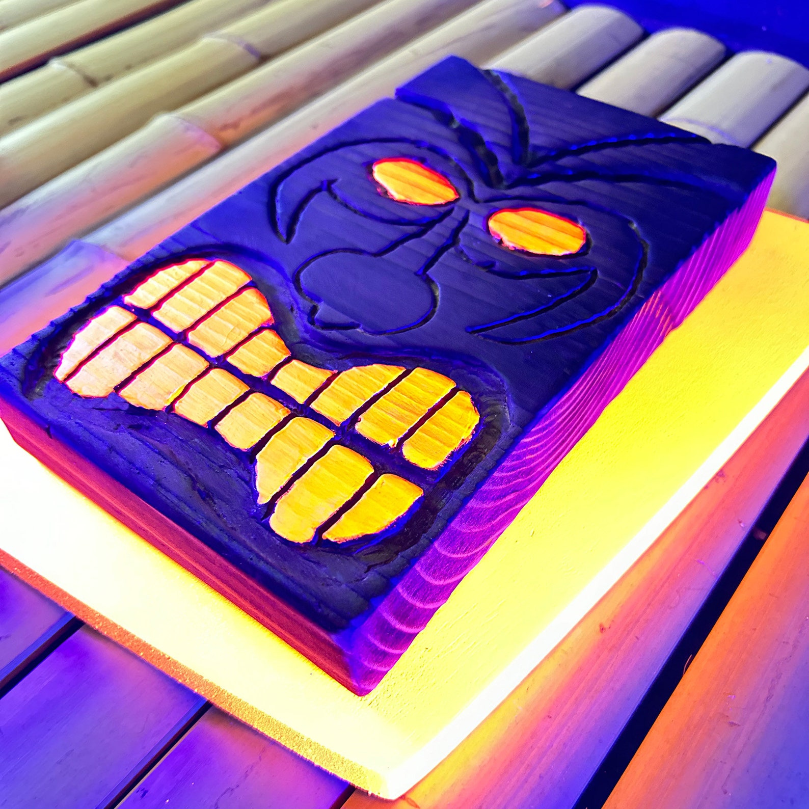 Hand Carved Wooden Tiki Carving Sign, Blacklight Glow Decor, Island ...