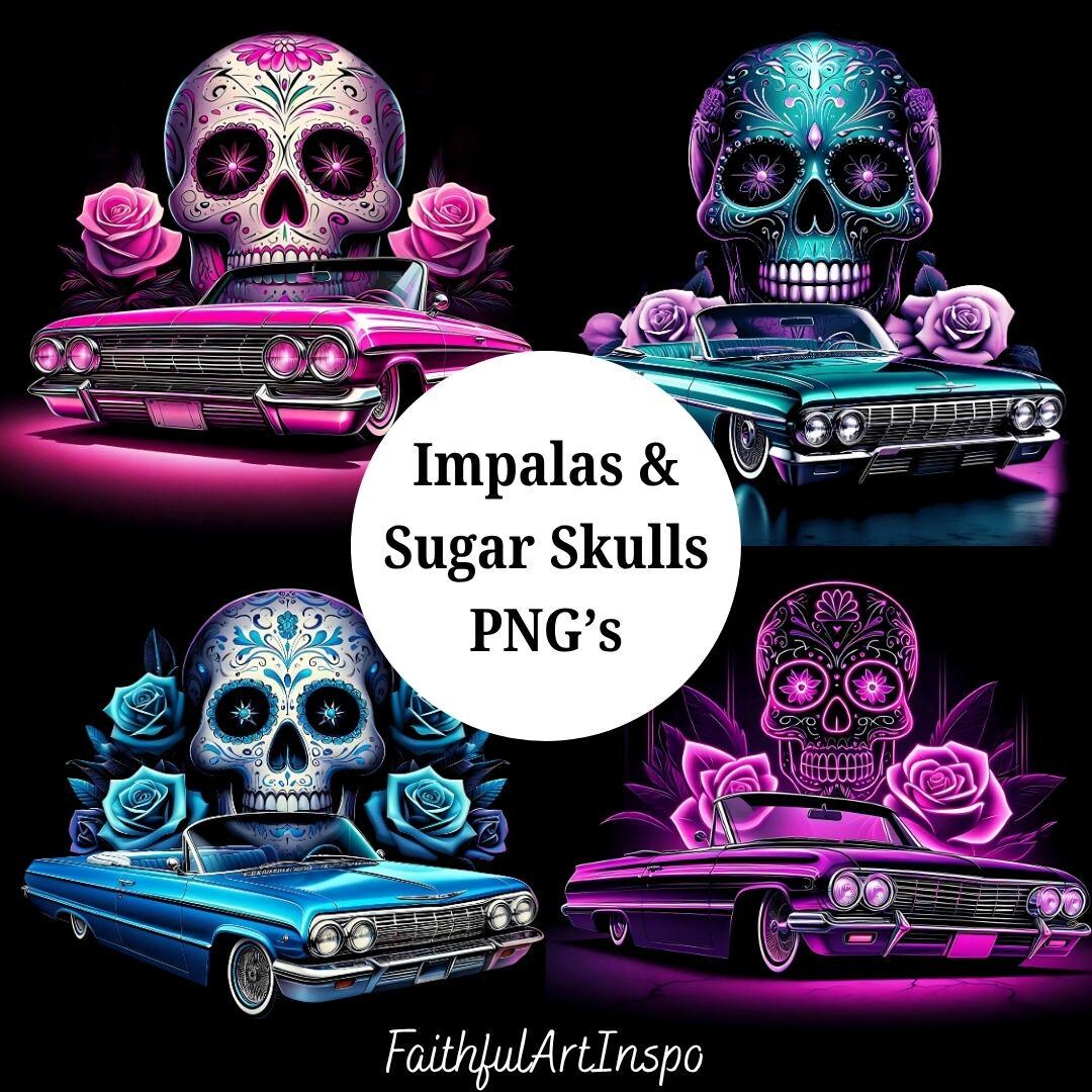 Lowrider Impalas & Sugar Skulls, Neon Noir Style, Neon Glow, Impalas ...