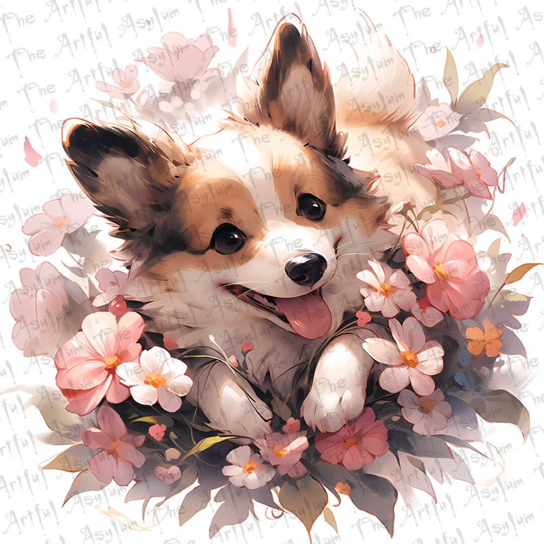 Corgi Watercolor Painting, Cute Puppy Art, Floral Pet Decor, Instant ...