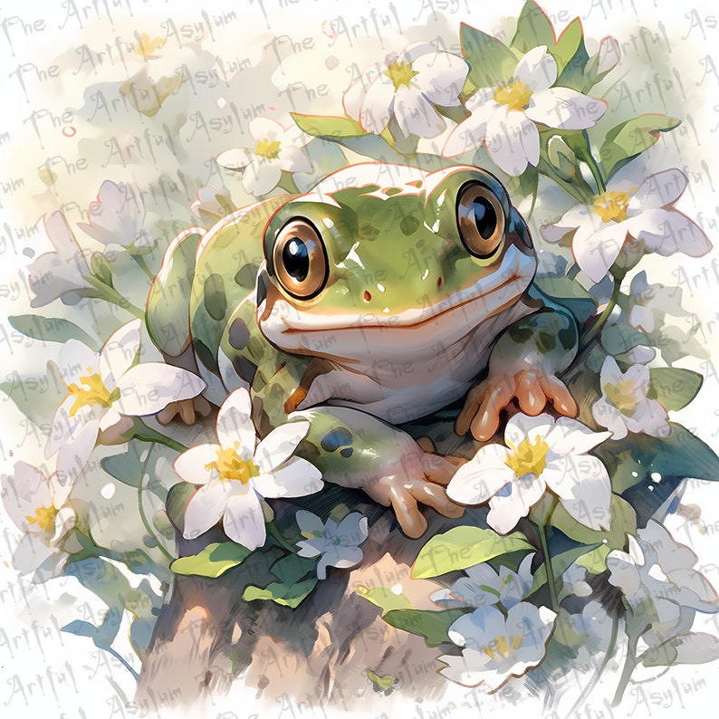 Watercolor Frog Nursery Art, Cute Baby Amphibian Painting, Floral ...
