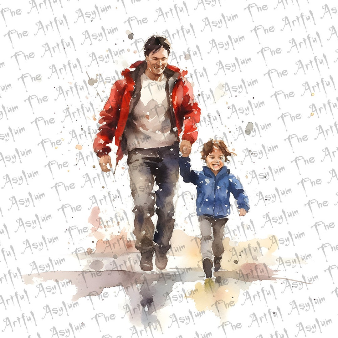 Father Walking With His Son Watercolor Digital Art,dad With His Son ...