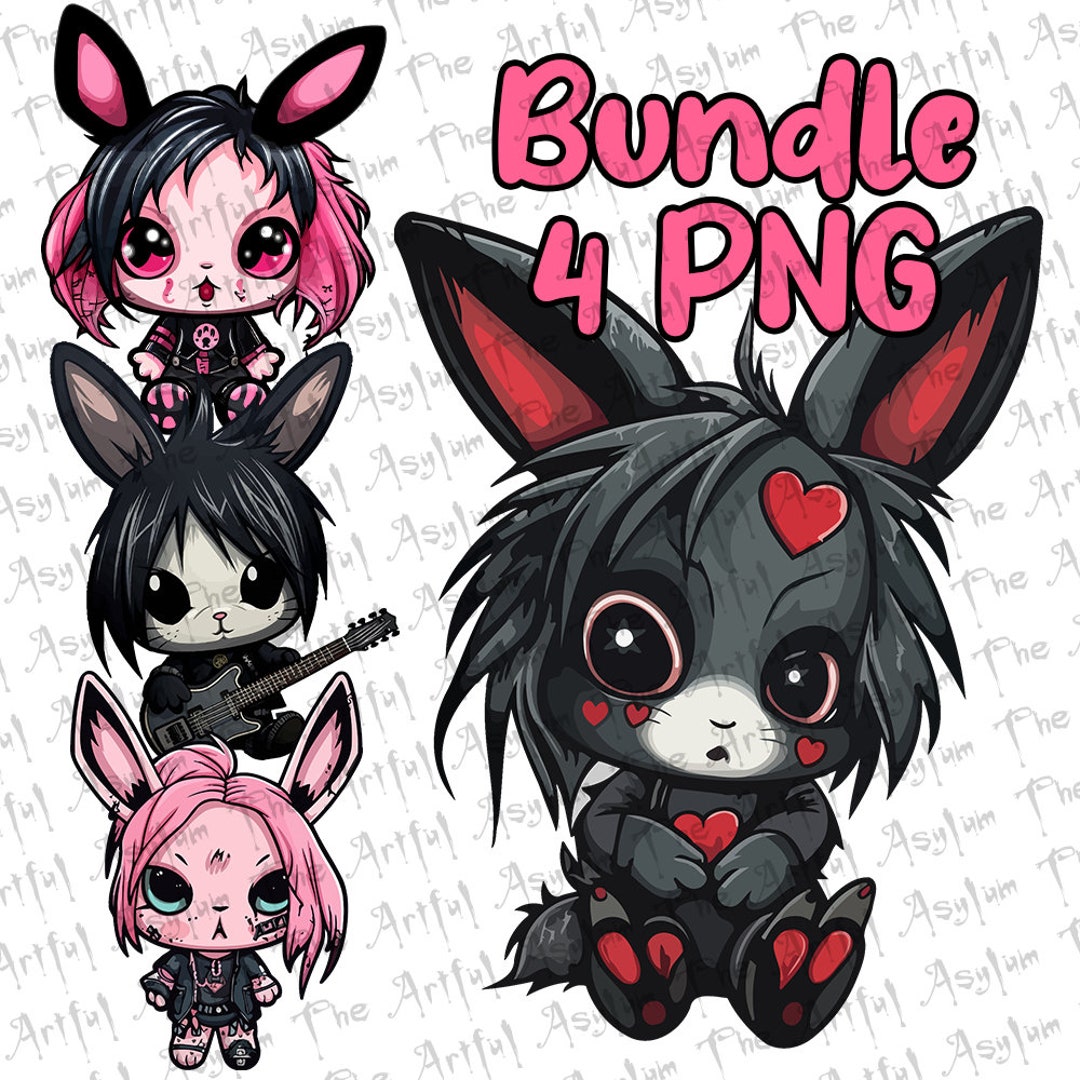 Chibi Gothic Bunnies Bundle Digital Download, Guitar Player Instant Download,4 PNG, Punk Rock ...