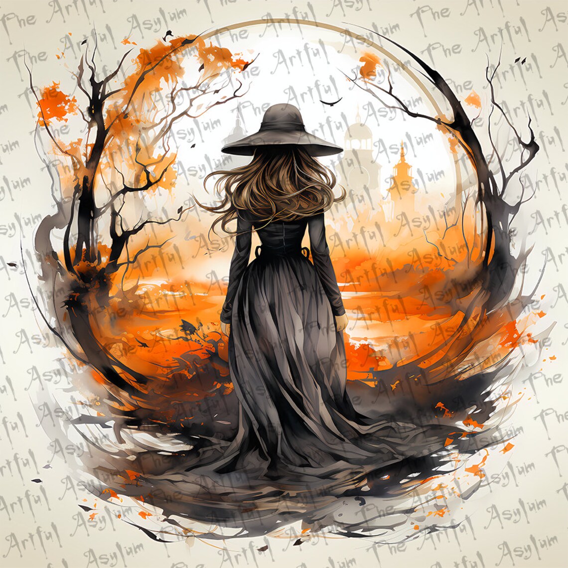 Autumn Witch Digital Art, Watercolor Gothic Art, Halloween Decor ...