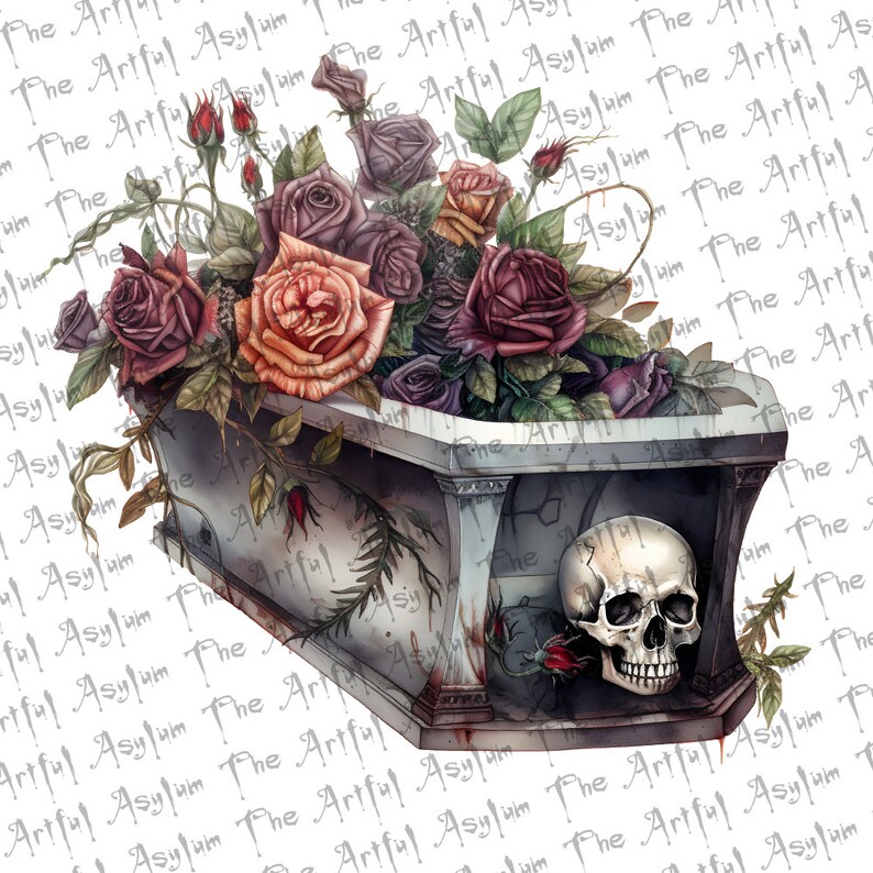 Floral Coffin Digital Art, Watercolor Funeral Art, Goth Coffin With ...