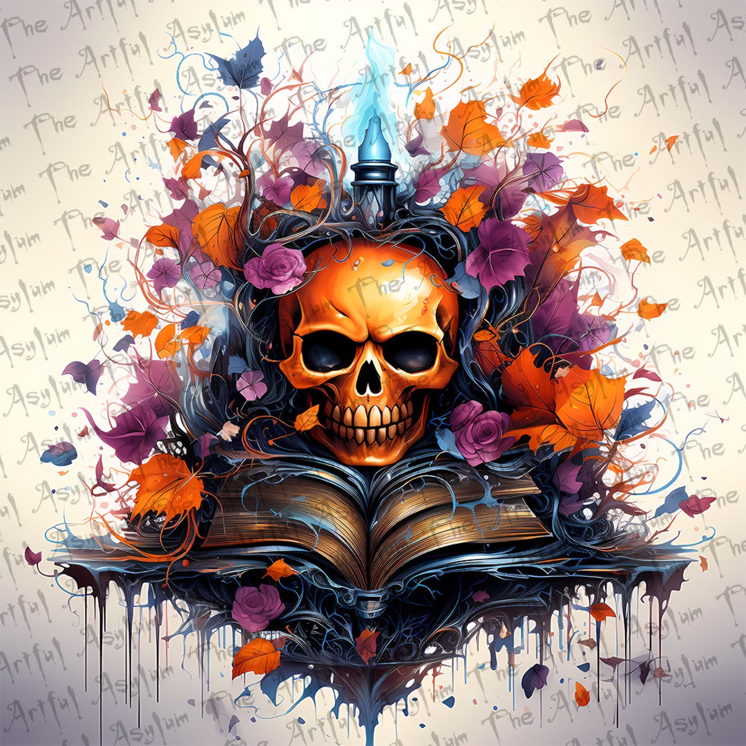 Watercolor Bronze Skull Spell Book Art,goth Skull Illustration,horror ...