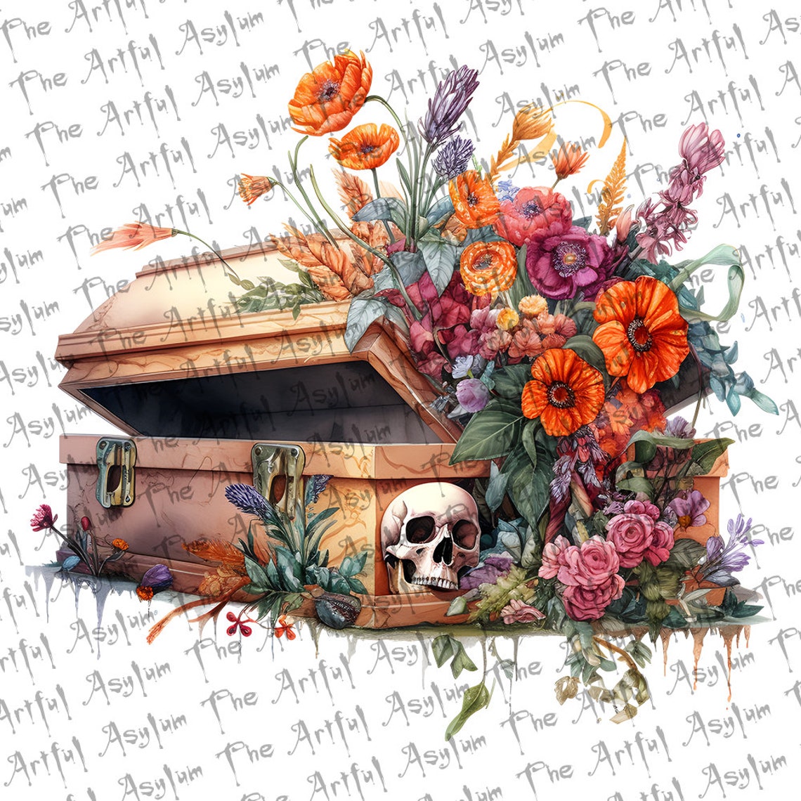 Floral Coffin Digital Art, Watercolor Funeral Art, Goth Coffin With ...