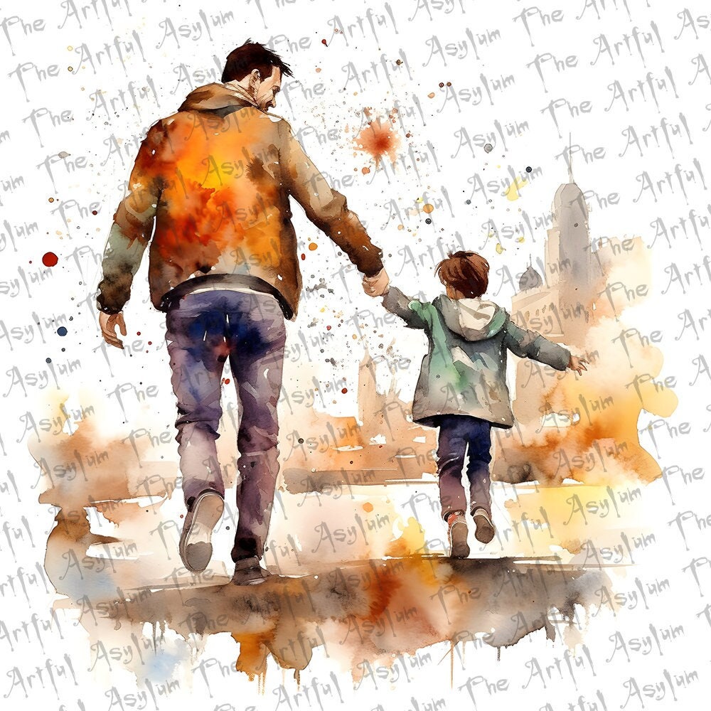 Father Walking With His Son Watercolor Digital Art,dad With His Son ...