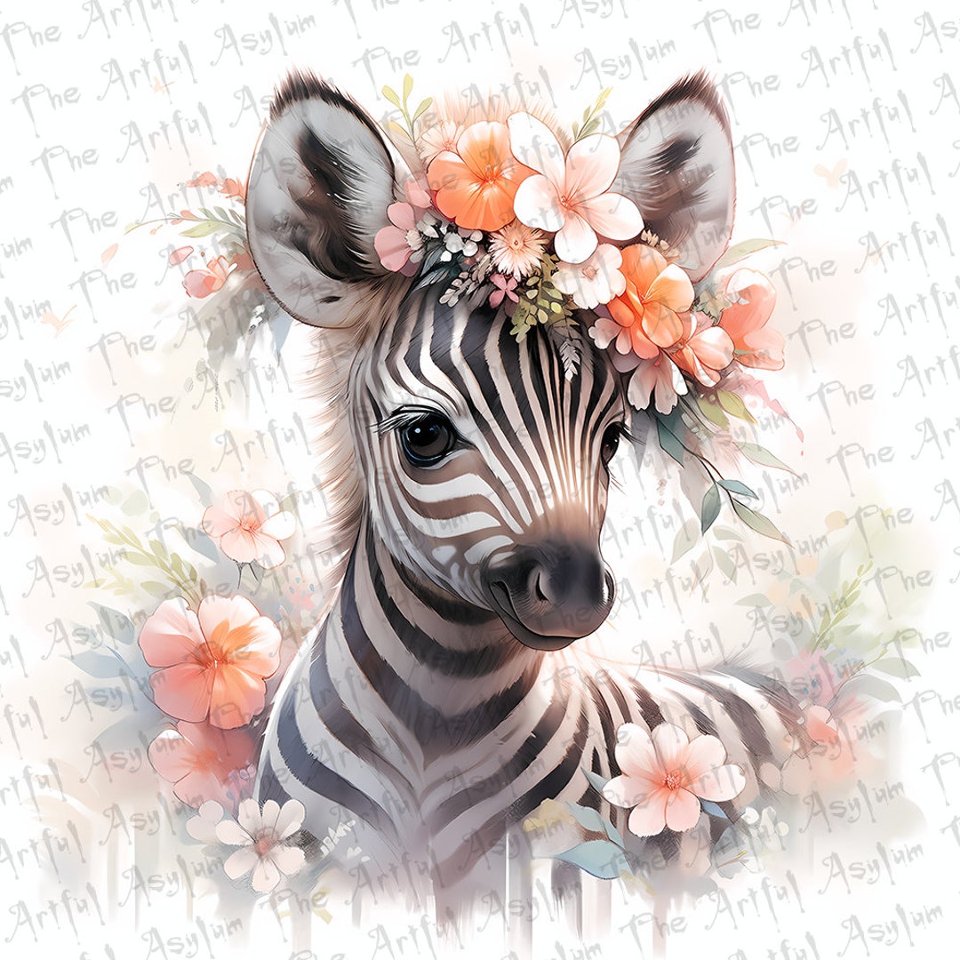 Zebra Watercolor Painting, Cute Baby Animal Art, Floral Safari Decor ...