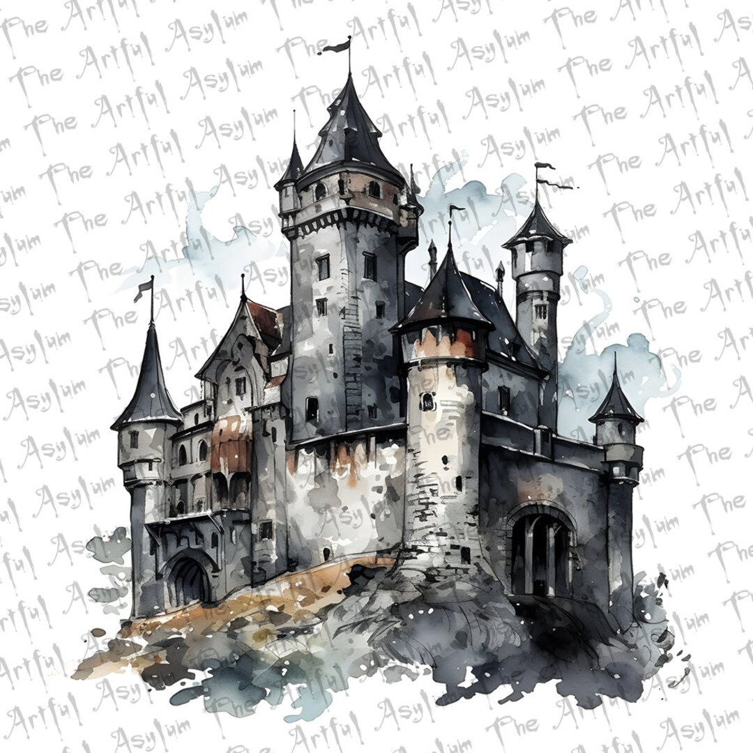 Medieval Castle Digital Art, Watercolor Ghotic Vampire Castle Digital ...