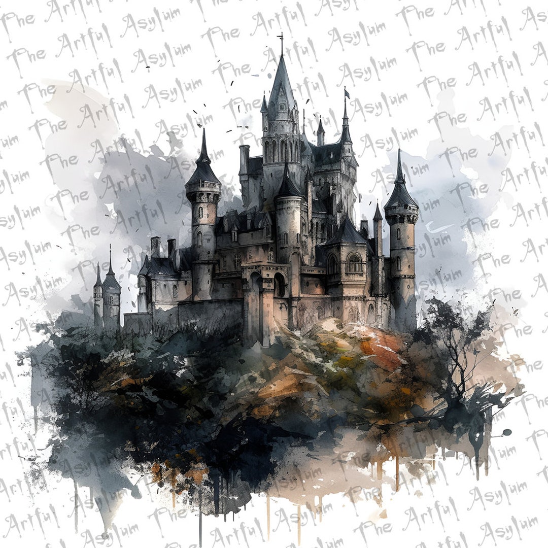Medieval Dracula's Castle Digital Art,watercolor Ghotic Vampire Castle ...