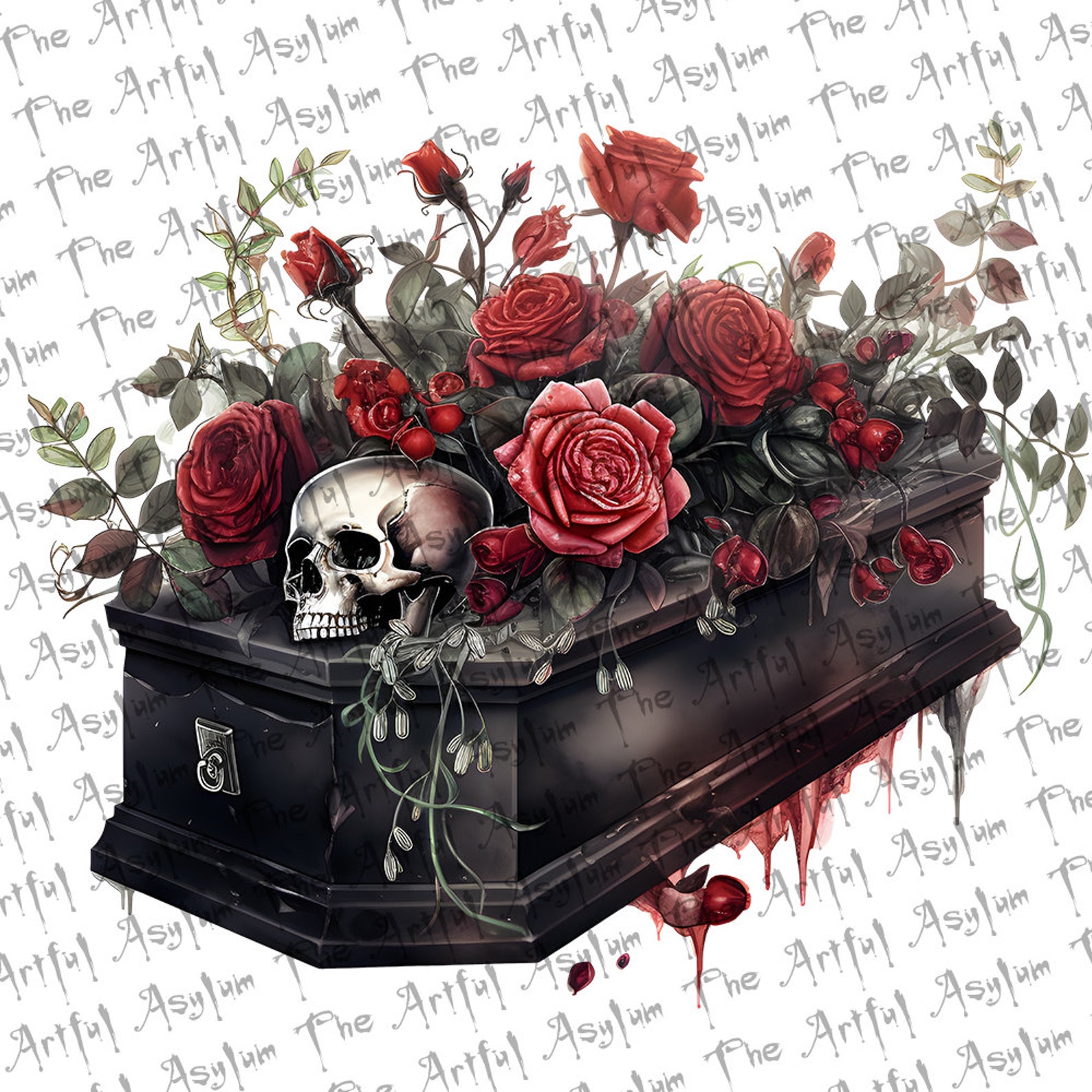 Roses on a Coffin Digital Art, Watercolor Gothic Art, Goth Coffin With ...
