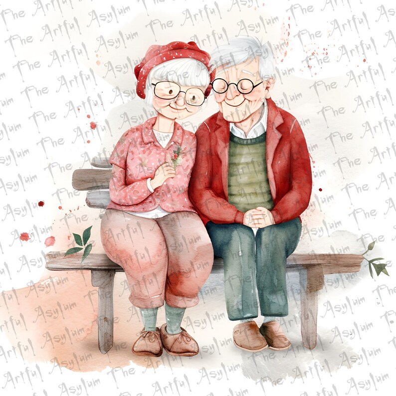 Loving Old Couple on a Bench Watercolor Digital Art, Sublimation Old ...