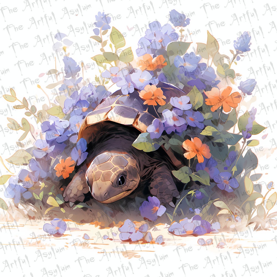 Turtle Watercolor Painting, Cute Baby Animal Art, Floral Ocean Decor ...