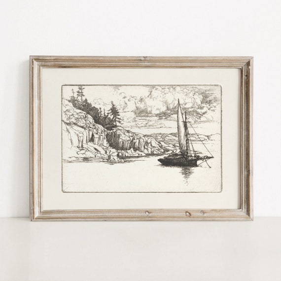 Antique Nautical Sketch Art Ship Drawing Vintage Boat Art Print Digital ...