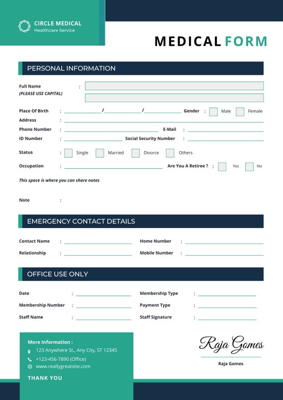 Medical Form Template Medical Registration Form - Etsy