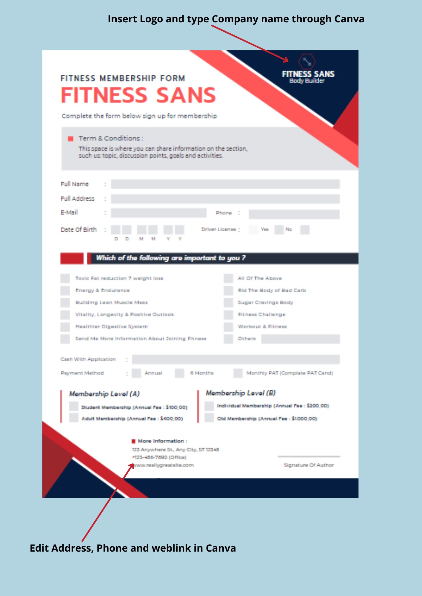 Fitness Club Registration Form Printable Gym Registration Form PDF