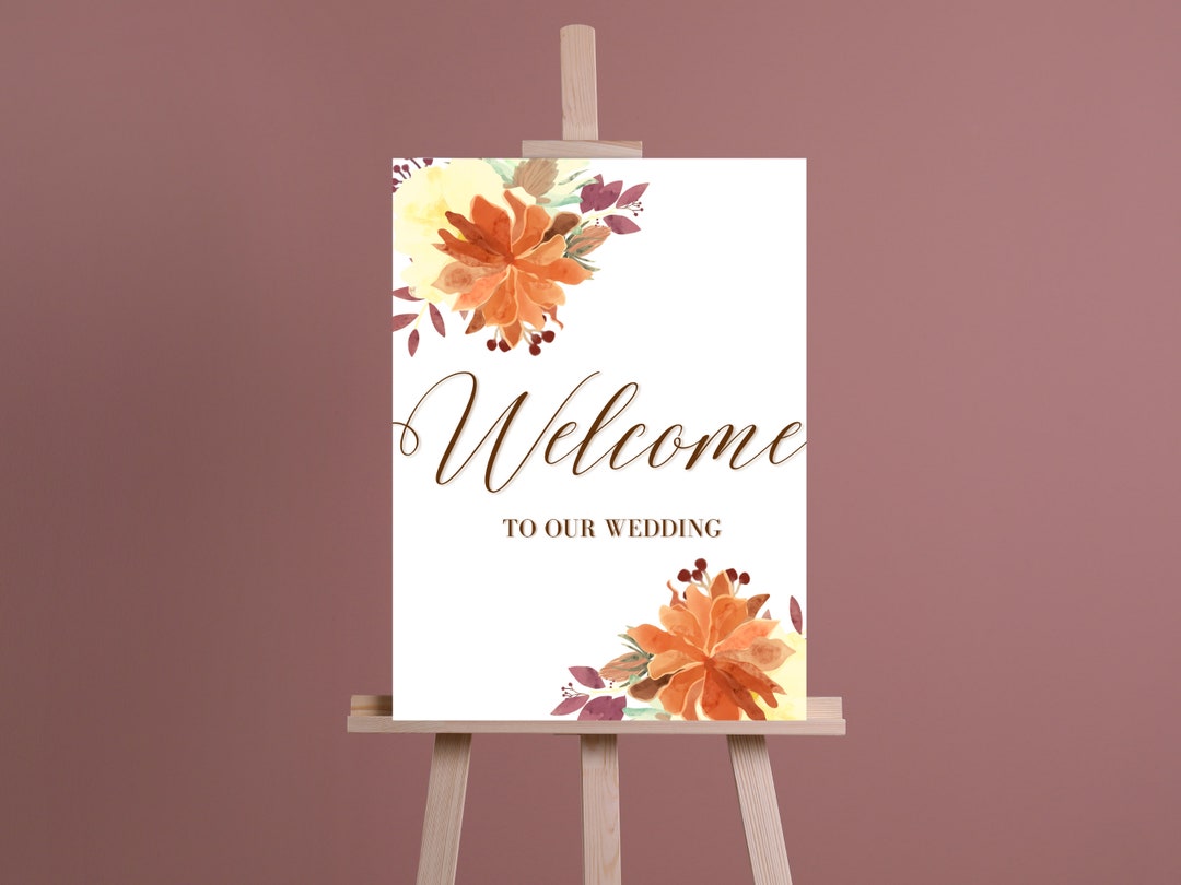 Fall Wedding Welcome Sign Fall Watercolor Flowers 16x24 Printable ...