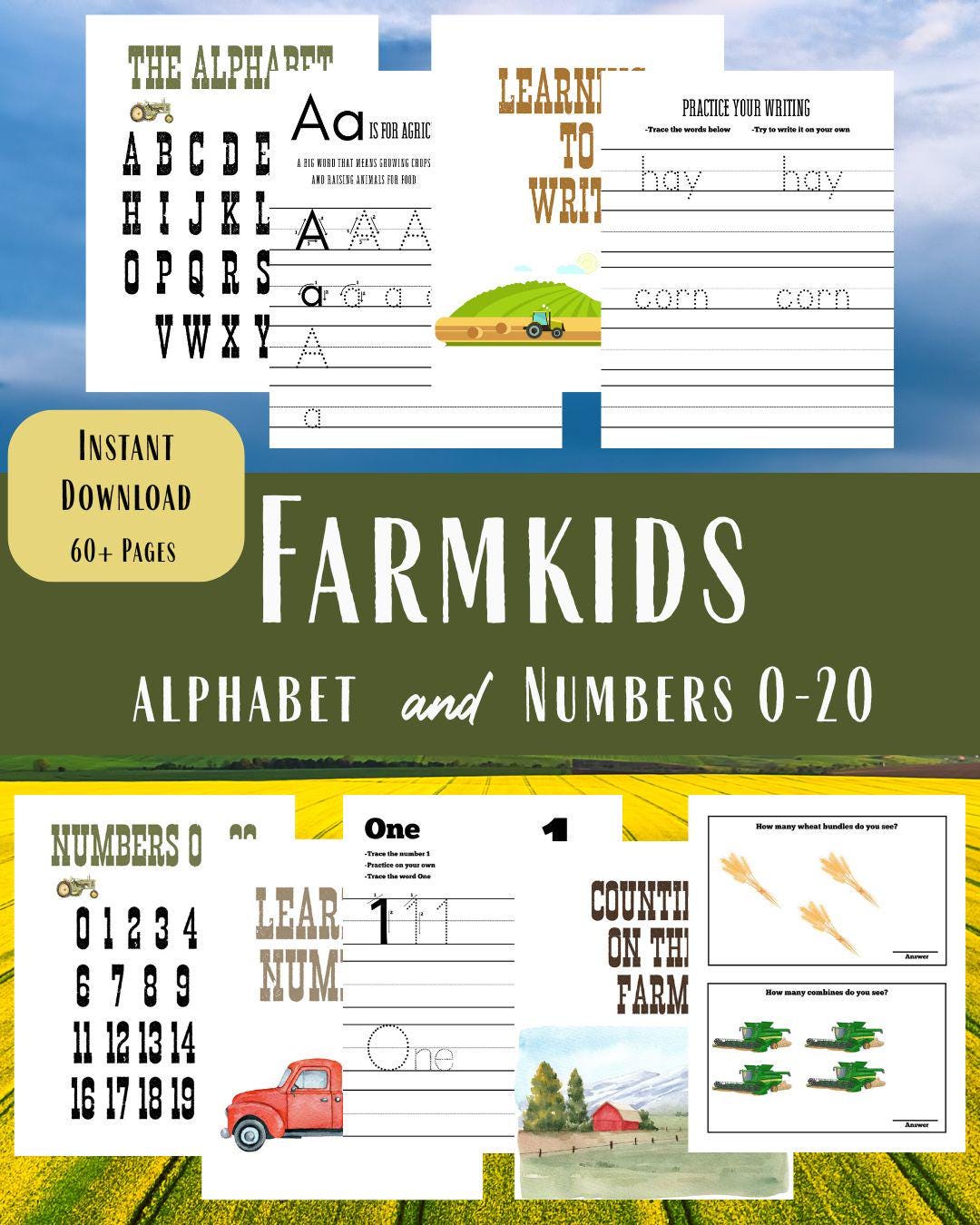 Farm Kids Learning Workbook: Alphabet, Numbers, Tracing (PDF Download ...