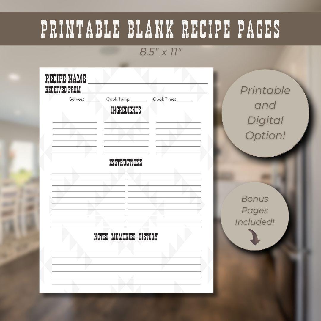 Printable 8.5x11 Blank Recipe Pages - Western Edition - Bonus Pages ...