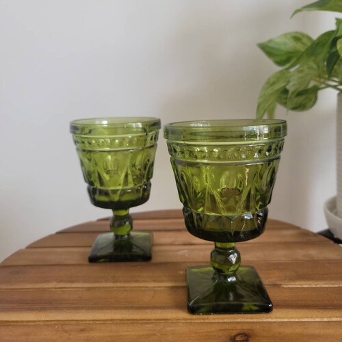 Vintage Green Glass Goblet - Etsy