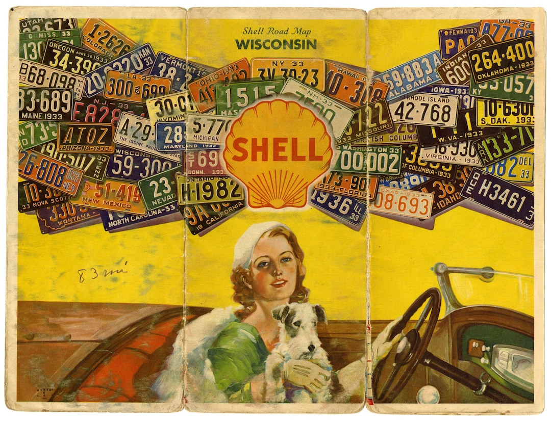 SHELL ROAD MAP With License Plates. Circa 1940, Vintage Automobilea - Etsy