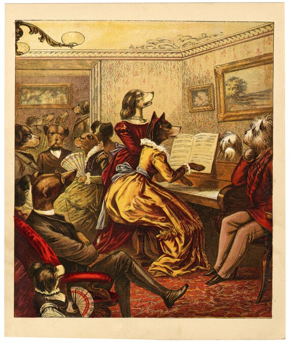 Antique Dogs at Piano Chromolithograph. 1875 Original - Etsy