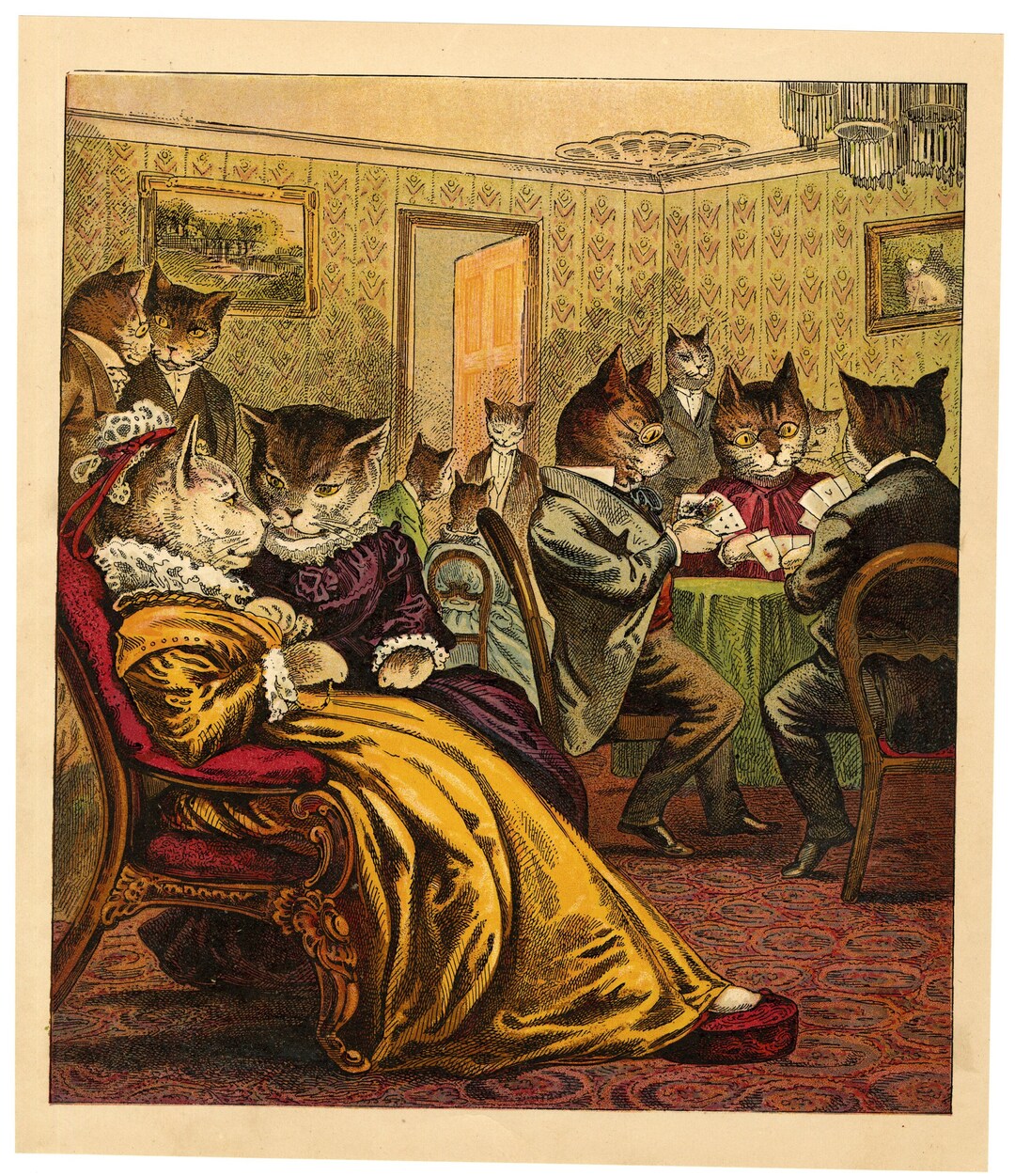 Antique Cats in Parlor, Chromolithograph, 1875, Original. - Etsy