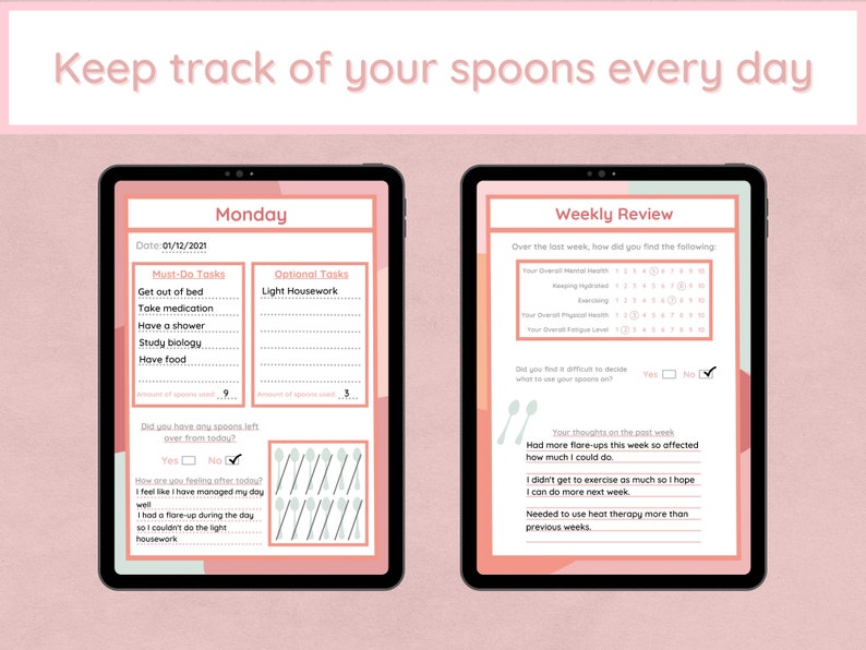 Weekly Spoon Tracker | Spoon Theory Journal | Spoonie Journal | Fatigue ...