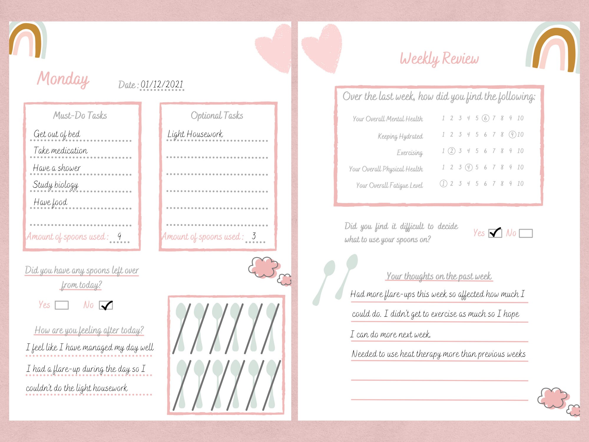 Weekly Spoon Tracker | Spoon Theory Journal | Spoonie Journal | Fatigue ...