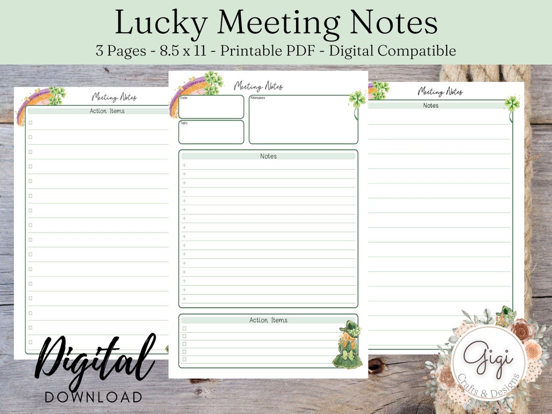 Digital Meeting Minutes, Lucky Clover, Printable Notes Template - Etsy