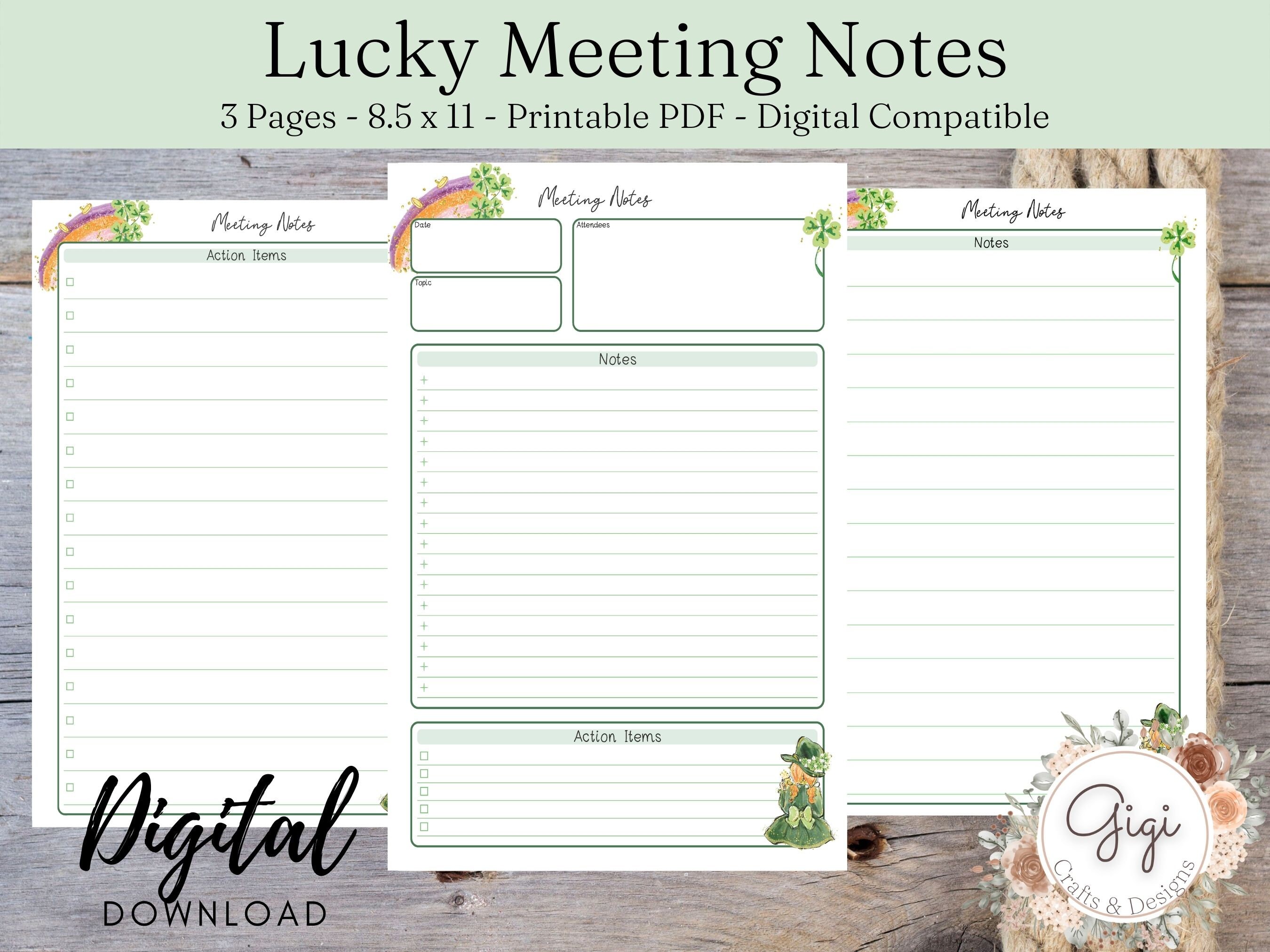 Digital Meeting Minutes, Lucky Clover, Printable Notes Template - Etsy