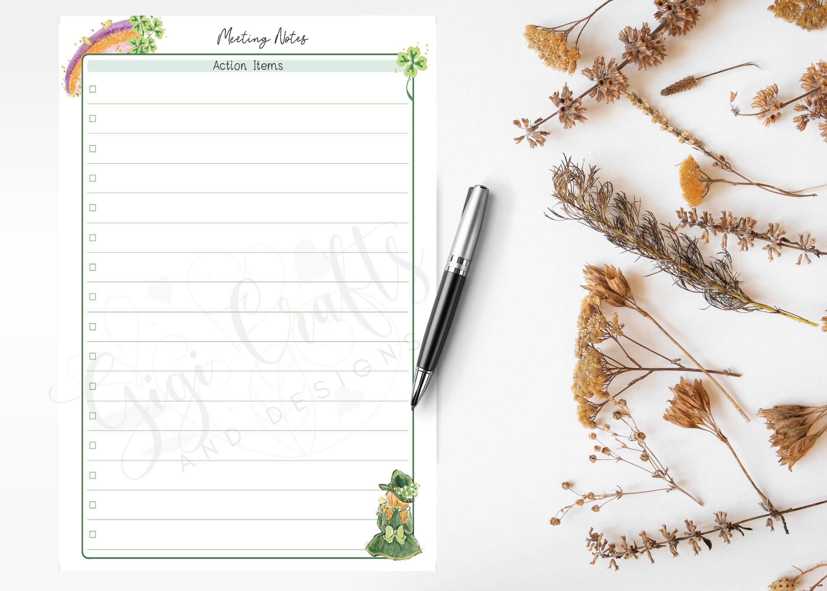 Digital Meeting Minutes, Lucky Clover, Printable Notes Template - Etsy