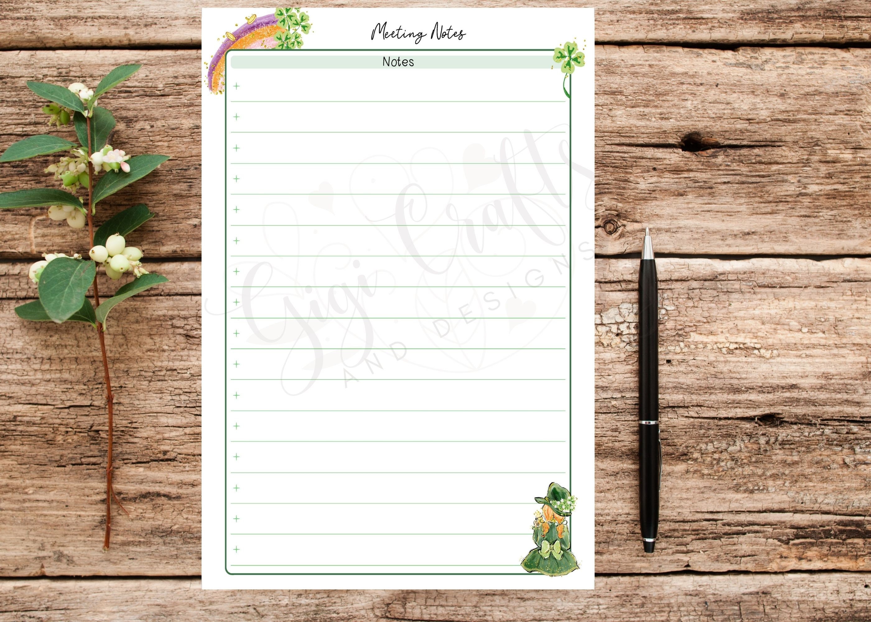 Digital Meeting Minutes, Lucky Clover, Printable Notes Template - Etsy