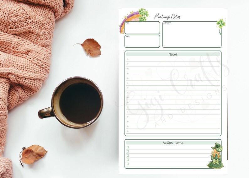 Digital Meeting Minutes, Lucky Clover, Printable Notes Template - Etsy