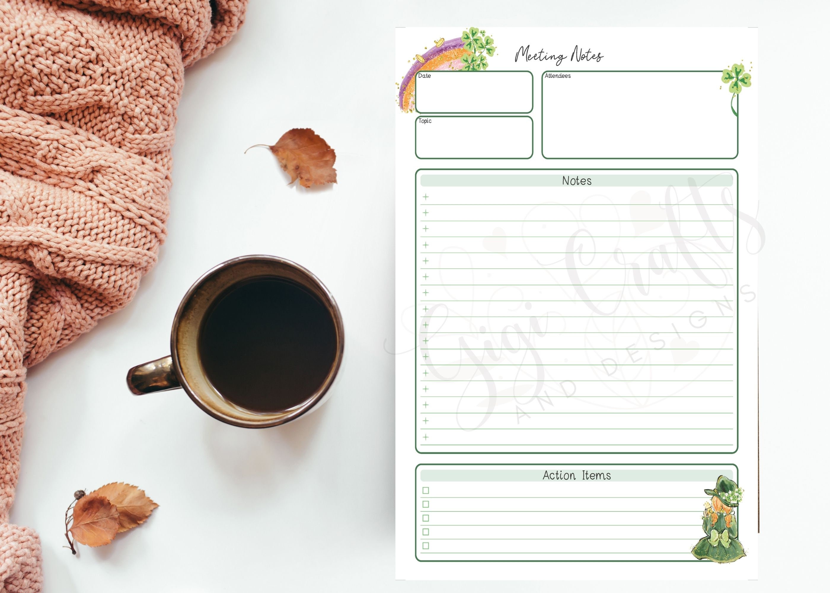 Digital Meeting Minutes, Lucky Clover, Printable Notes Template - Etsy