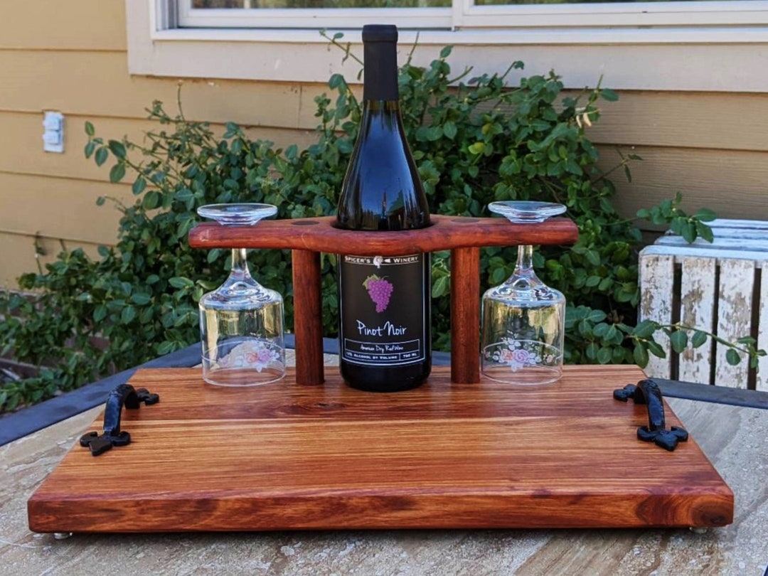 Spalted Cherry Wood Charcuterie Wine Board With Two Wine Glasses Cast ...