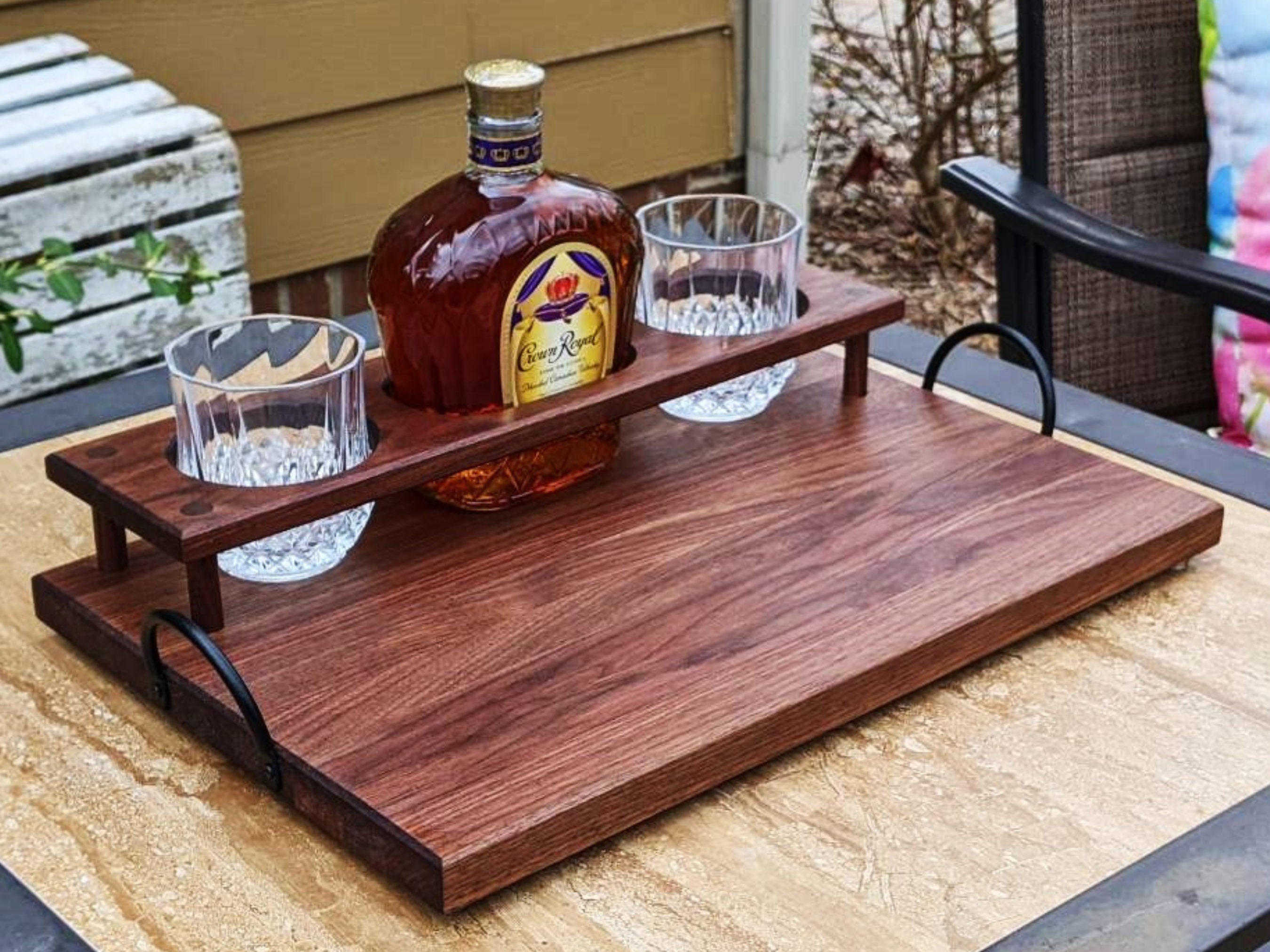 Wooden Whiskey Charcuterie Board With Two Glasses | Black Walnut Wood ...