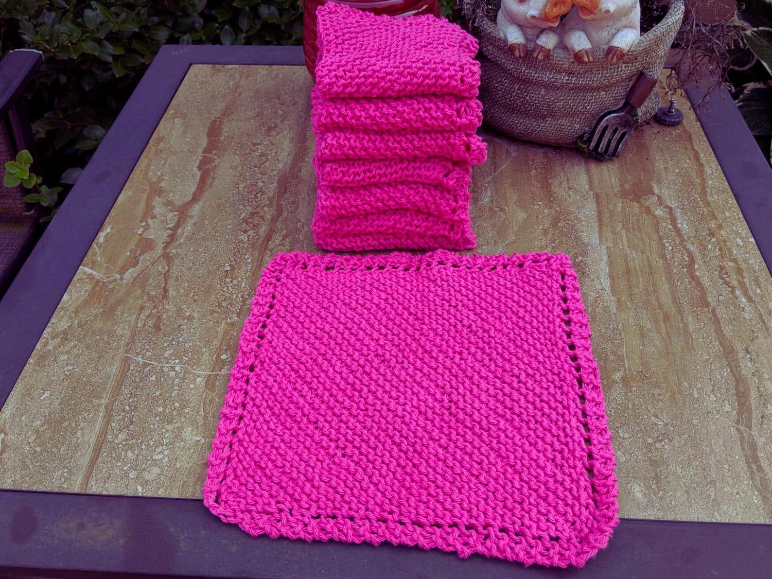 Set of 4 Washcloths, Hand Knit Dishcloths, Magenta Kitchen Towel ...