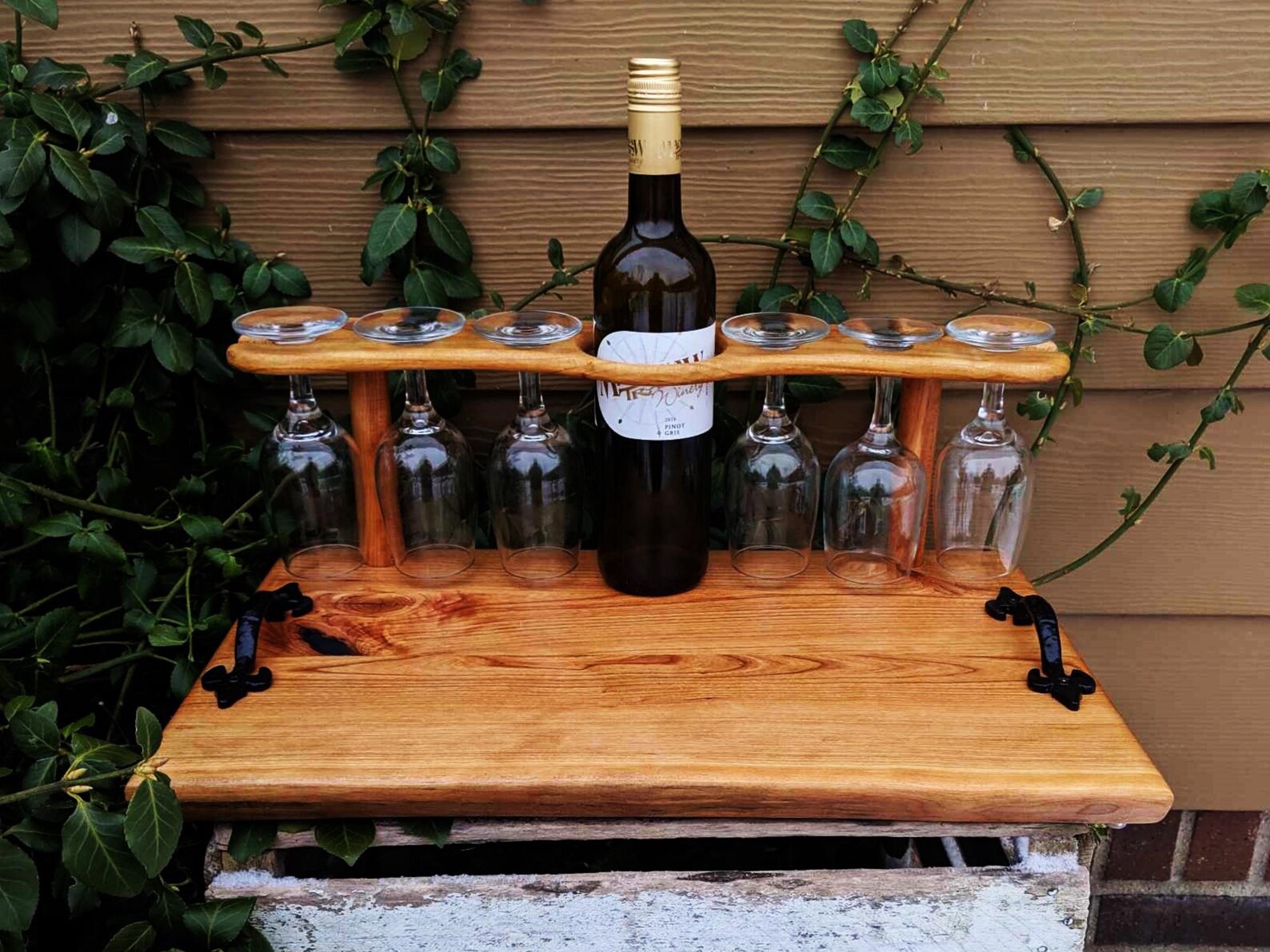 Spalted Cherry Wood Charcuterie Wine Board With Six Wine Glasses Cast ...