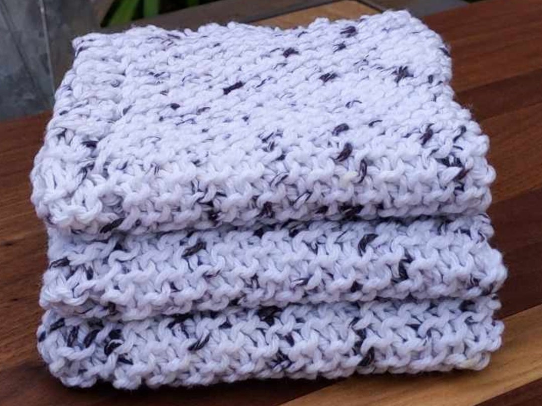 Set of 4 Washcloths, Hand-knit Wash Cloths, White and Gray Dishrag ...